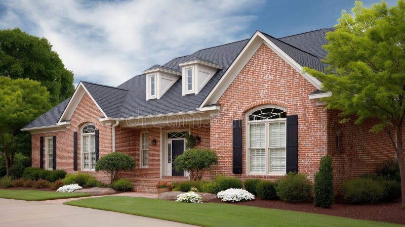 Charming Red Brick House with Dormer Windows and Manicured Landscaping ...