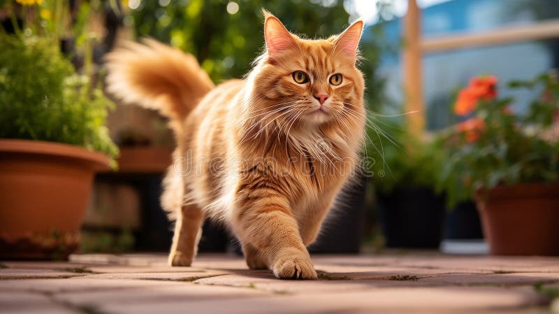 Charming Red Long Haired Cat Strolling Gracefully Across a Patio ...