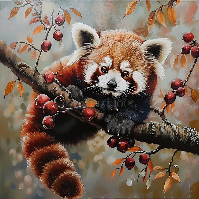Charming Red Panda Hanging from a Tree Branch Stock Illustration ...