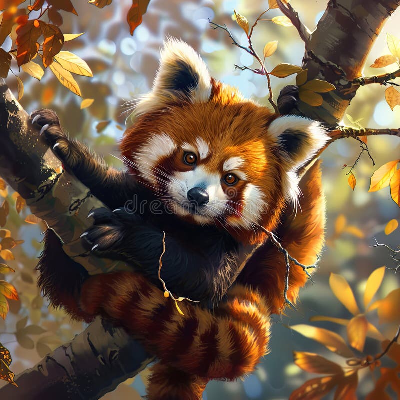 Charming Red Panda Hanging from a Tree Branch Stock Illustration ...
