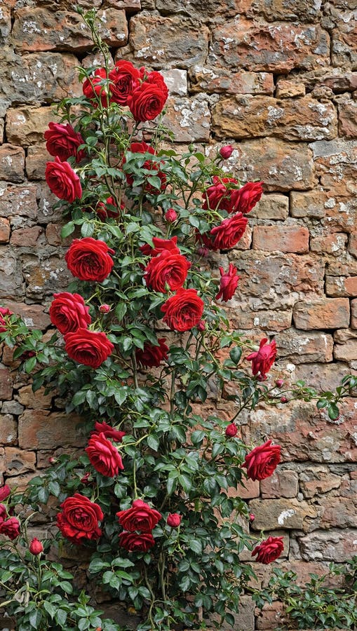 Charming Red Roses Bloom on Rustic Brick Wall Stock Illustration ...