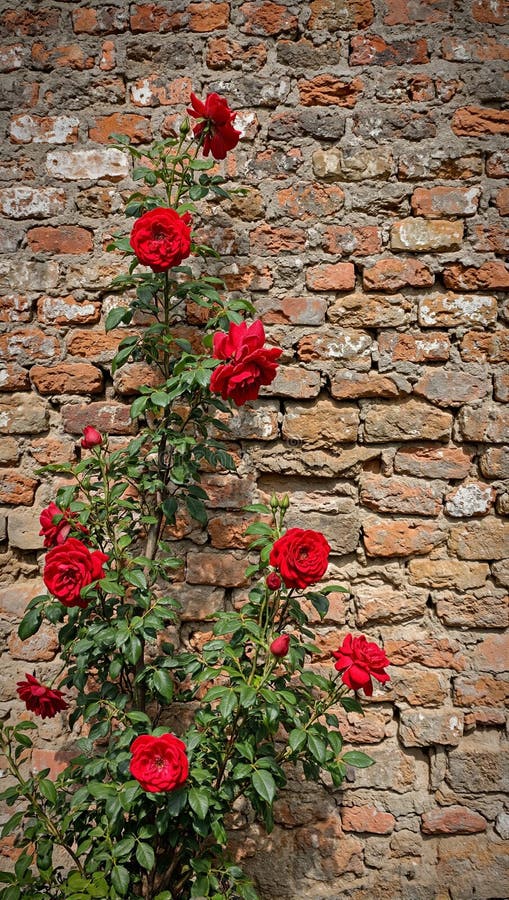 Charming Red Roses Bloom on Rustic Brick Wall Stock Illustration ...