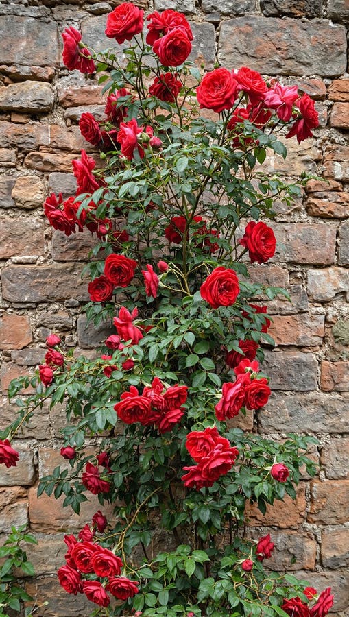 Charming Red Roses Bloom on Rustic Brick Wall Stock Illustration ...