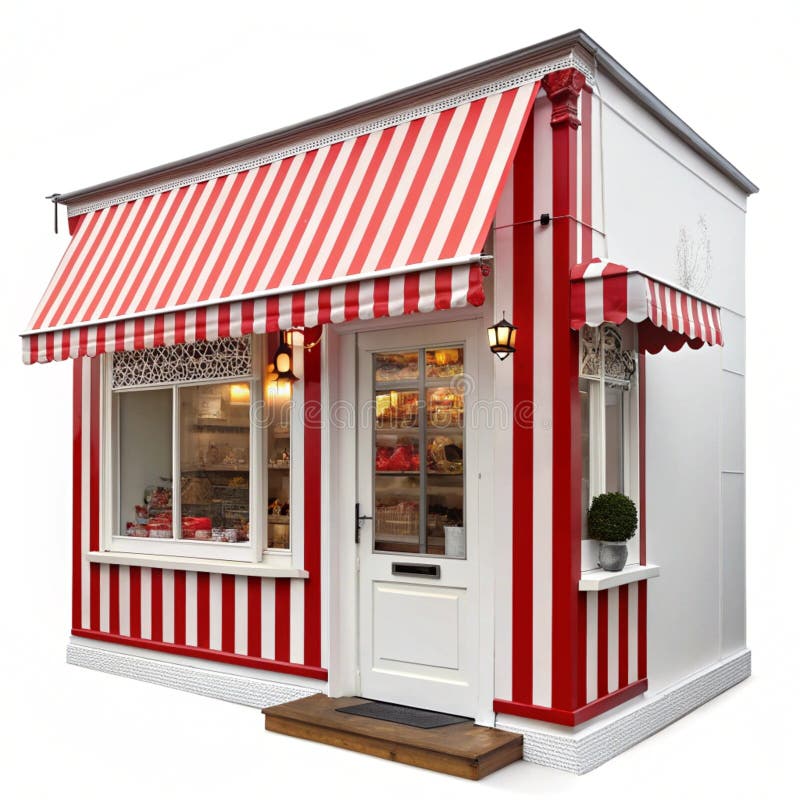 Charming Red-striped Storefront Isolated on White Background Stock ...