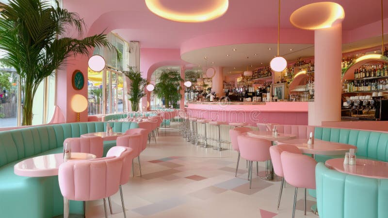 Charming Retro Cafe Interior with Pastel Decor, Inviting Seating, and ...