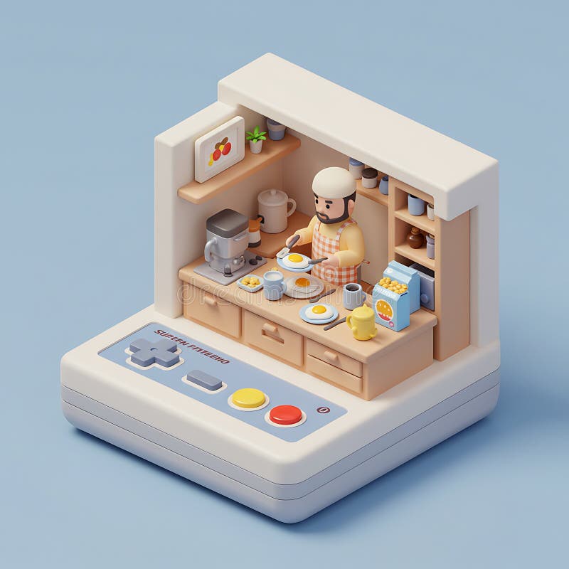 Charming Retro Game Console Kitchen: Miniature Chef Cooking Breakfast ...