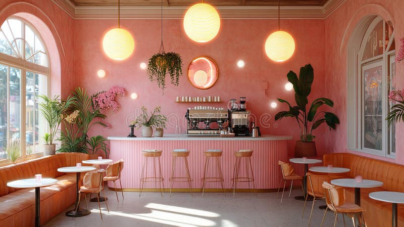 Charming Retro-inspired Pink Cafe Interior with Elegant Decor and Cozy ...