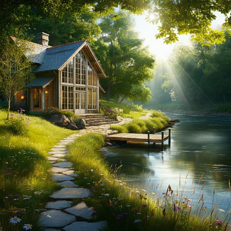 Charming Riverside Home with Large Windows and a Stone Path Leading To ...