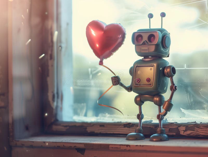 Charming Robot Holds a Heart Shaped Red Balloon while Standing Next To ...