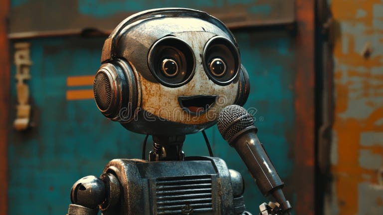 Charming Robot Singer Performing with a Microphone in a Cozy Setting ...