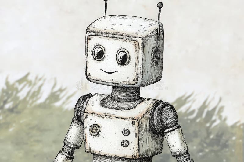 Cute Cartoon Robot with a Cheerful Expression in a Whimsical Outdoor ...