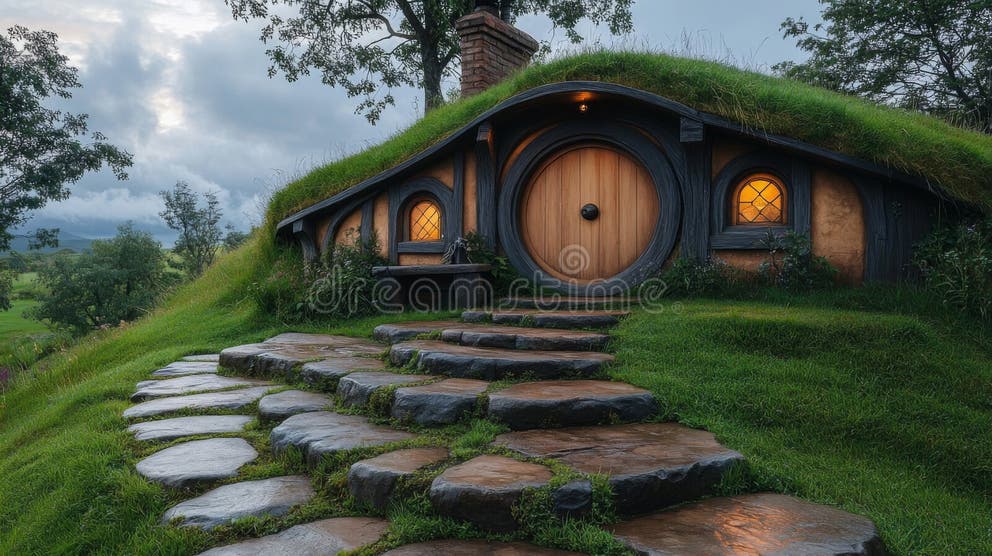 Charming Round Hobbit House on a Hillside Stock Illustration ...
