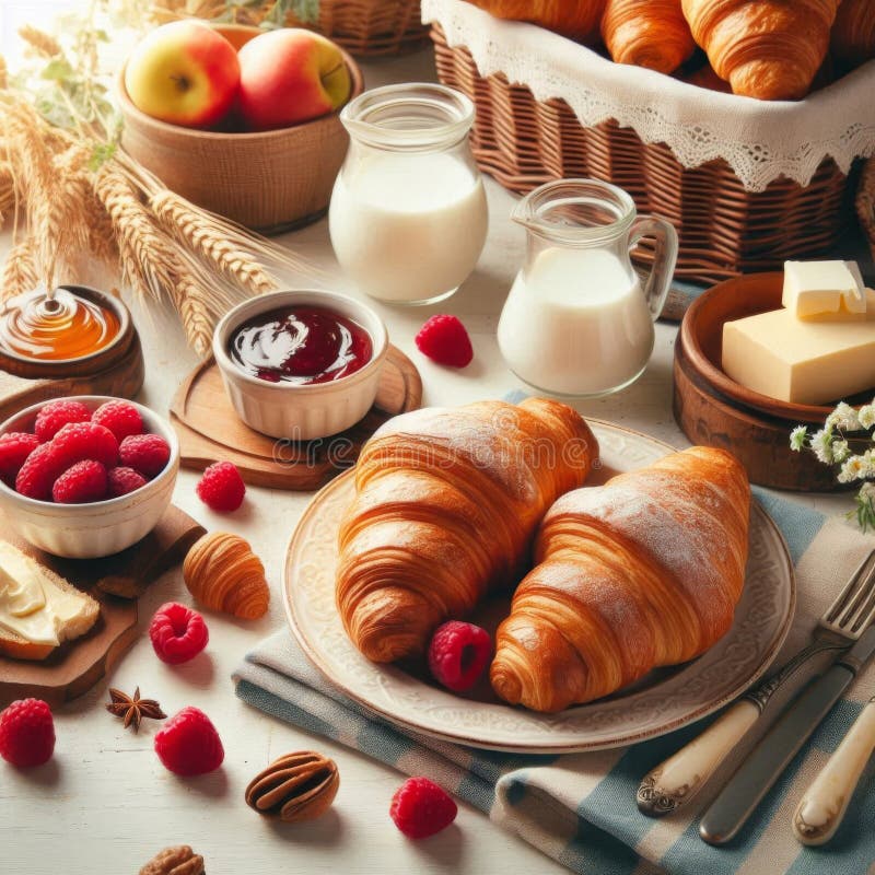 Charming Rural Breakfast Layout Featuring Croissants, Butter, Jam, and ...