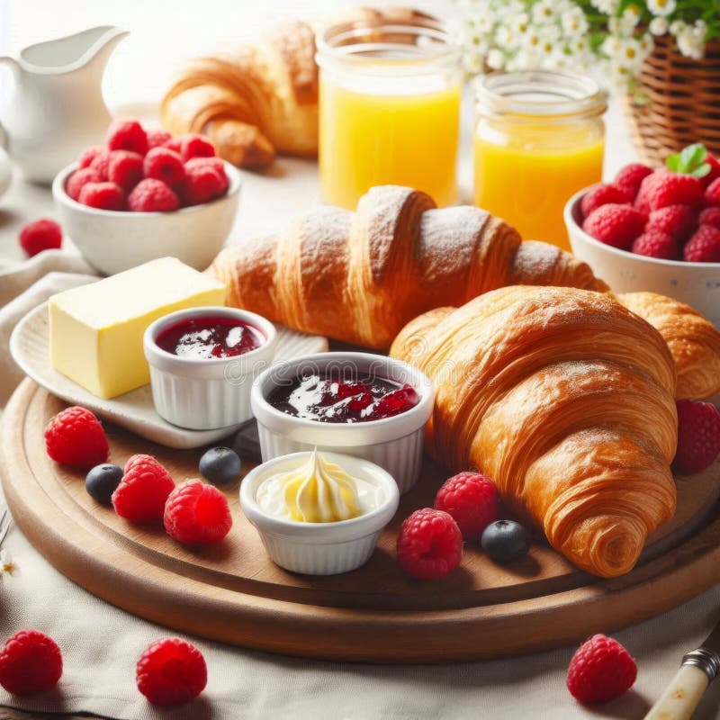 Charming Rural Breakfast Layout Featuring Croissants, Butter, Jam, and ...