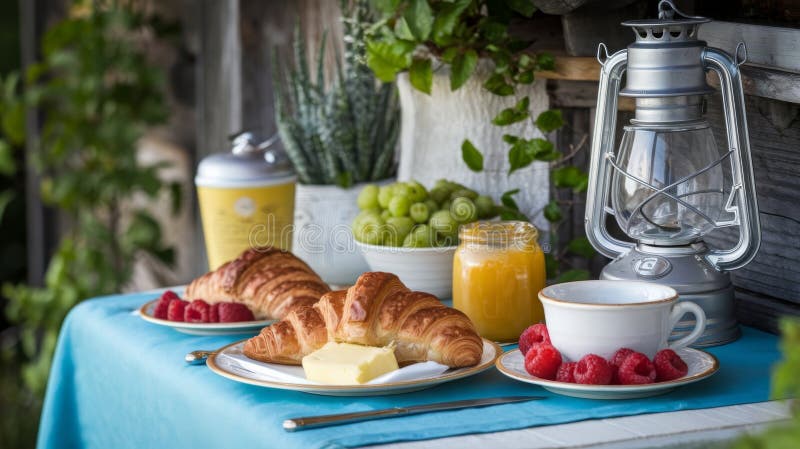 Charming Rural Breakfast Layout Featuring Croissants, Butter, Jam, and ...