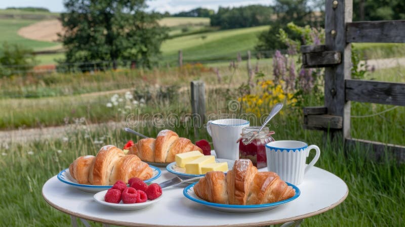 Charming Rural Breakfast Layout Featuring Croissants, Butter, Jam, and ...
