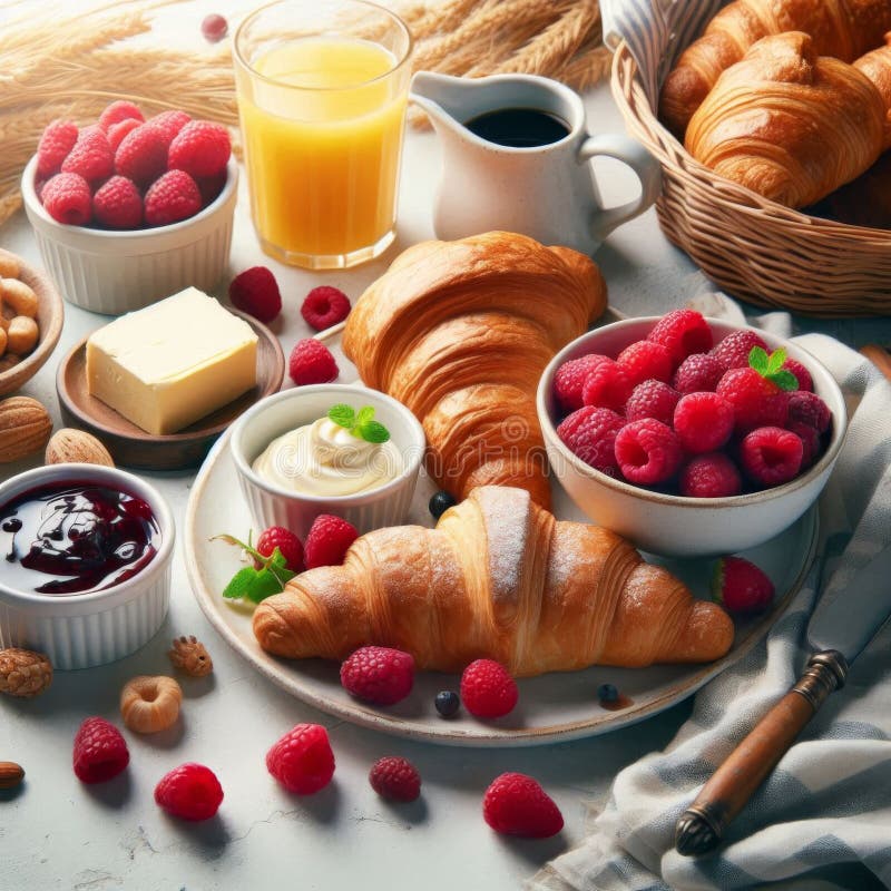 Charming Rural Breakfast Layout Featuring Croissants, Butter, Jam, and ...