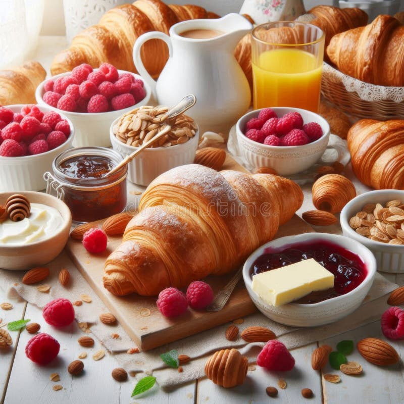Charming Rural Breakfast Layout Featuring Croissants, Butter, Jam, and ...
