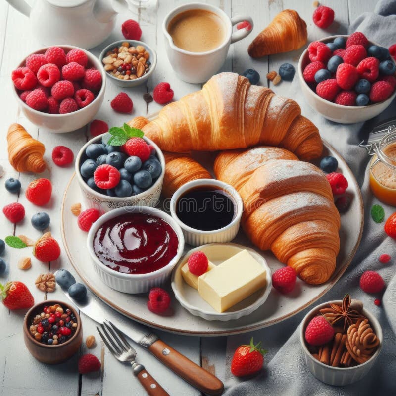 Charming Rural Breakfast Layout Featuring Croissants, Butter, Jam, and ...