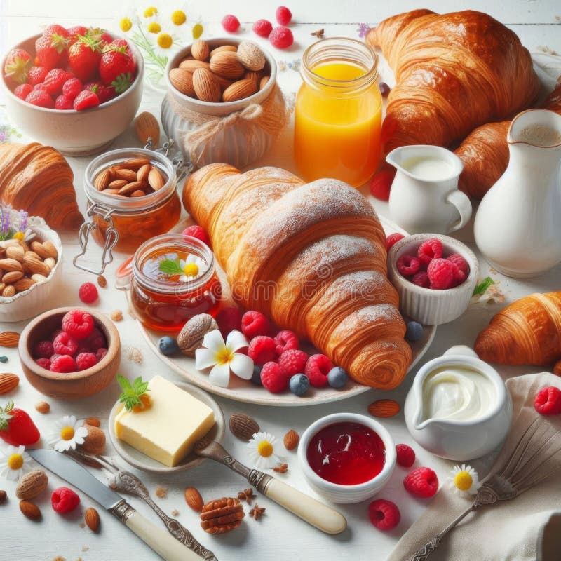 Charming Rural Breakfast Layout Featuring Croissants, Butter, Jam, and ...