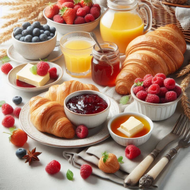 Charming Rural Breakfast Layout Featuring Croissants, Butter, Jam, and ...