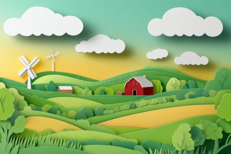 Charming Rural Landscape in Paper Cut Style Featuring Rolling Green ...