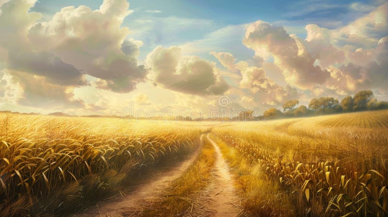 Charming Rural Landscape with Path through Golden Fields and Lush ...