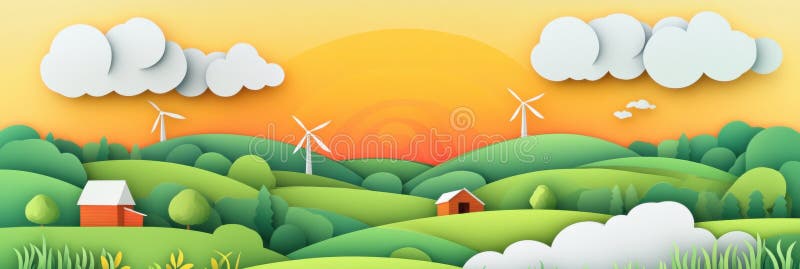 Charming Rural Landscape with Rolling Green Fields, Windmills, Barns ...