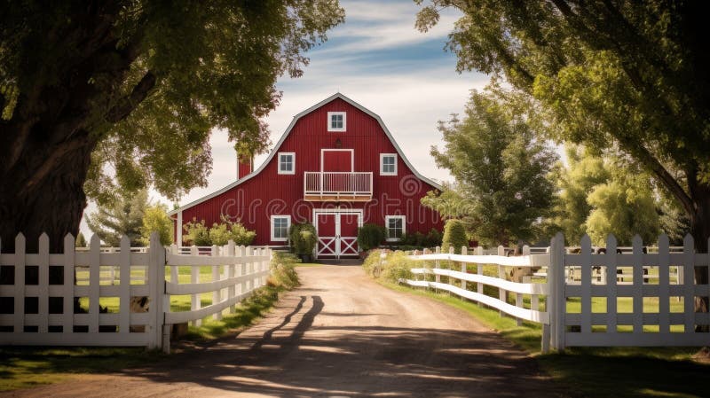 Charming Rural Scene with Red Barn and Fence Stock Illustration ...
