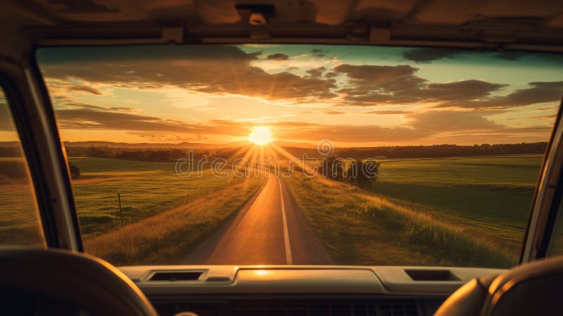 Charming Rural Sunset View through Van Windshield Stock Illustration ...