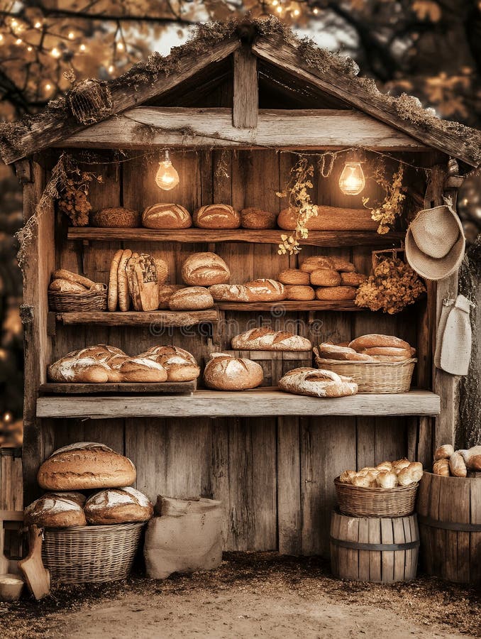 A Rustic Wooden Bakery Stall Filled with Various Types of Bread Under ...