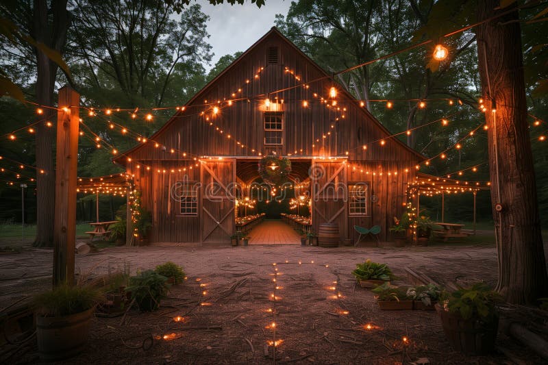 Charming Rustic Barn Decorated with String Lights for an Evening Event ...