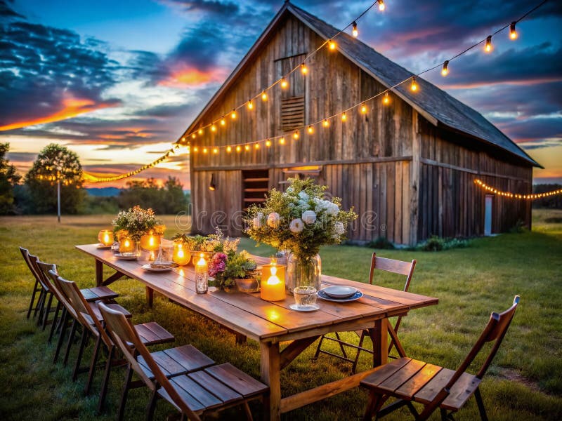 Charming Rustic Barn Wedding Dinner String Lights Mason Jar ...