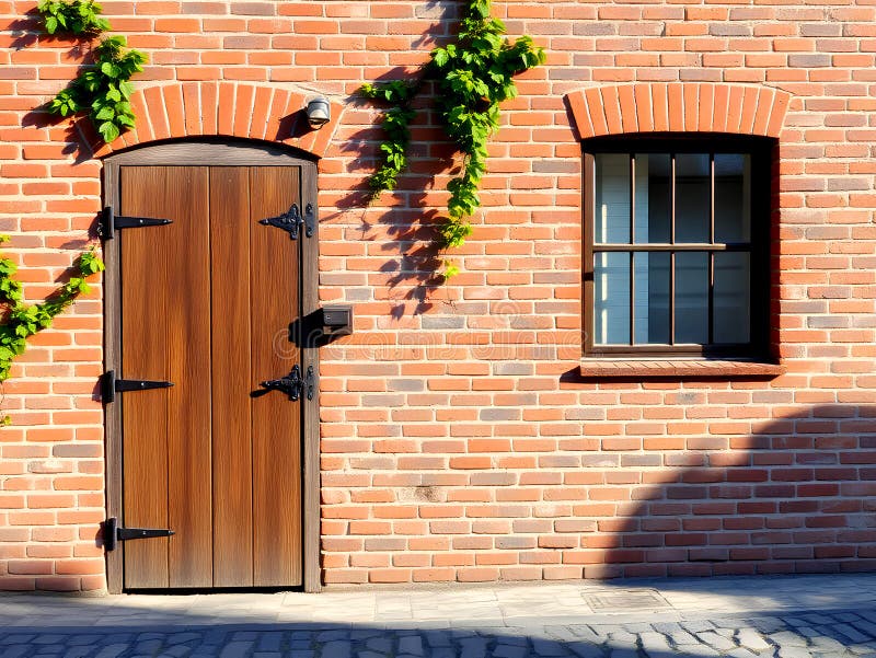 Rustic Brick House Facade with Wooden Door, Arched Window, and Climbing ...