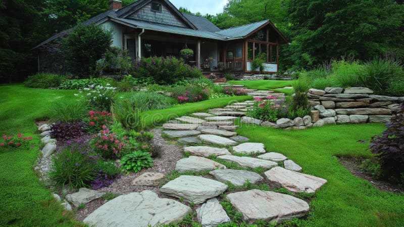 Charming Rustic House with Lush Garden and Stone Pathway Stock Photo ...
