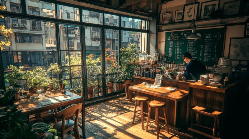 The Charming Rustic Interior of the Coffee Shop Features Wooden Bar ...