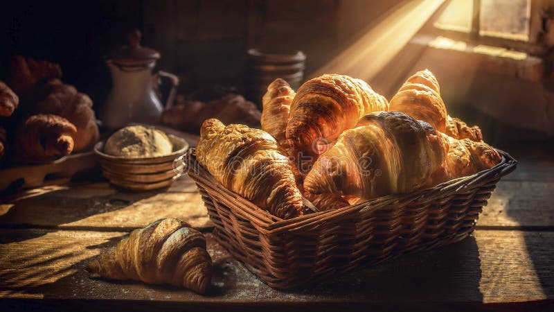 Rustic Kitchen with Crispy Croissants Display Stock Illustration ...