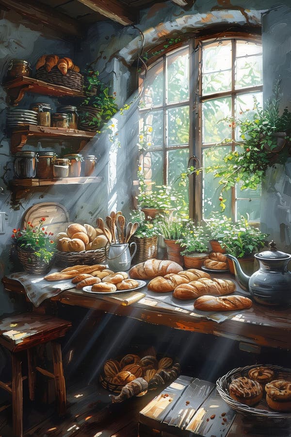 Rustic Kitchen Window with Freshly Baked Bread and Sunlight Stock Photo ...
