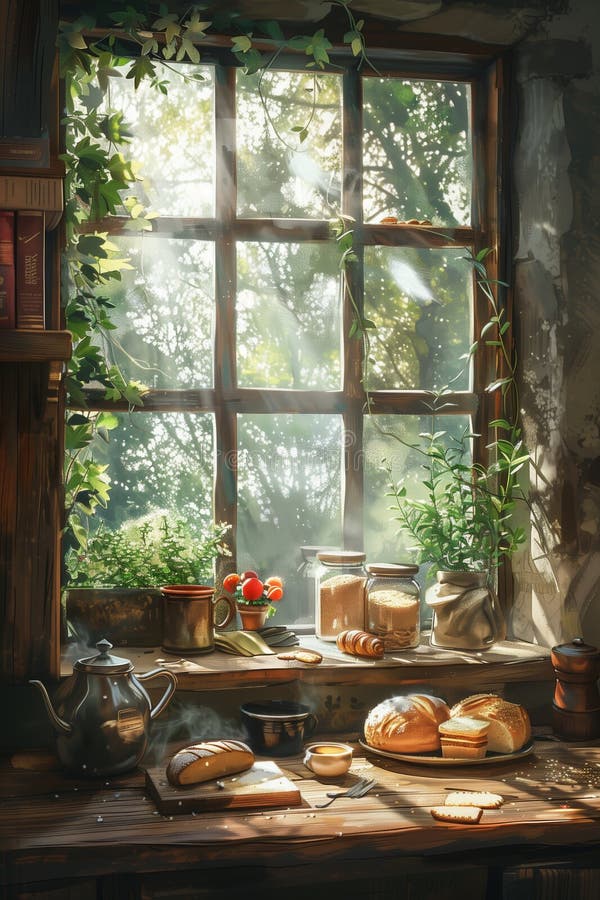Rustic Kitchen Window with Freshly Baked Bread and Sunlight Stock Photo ...