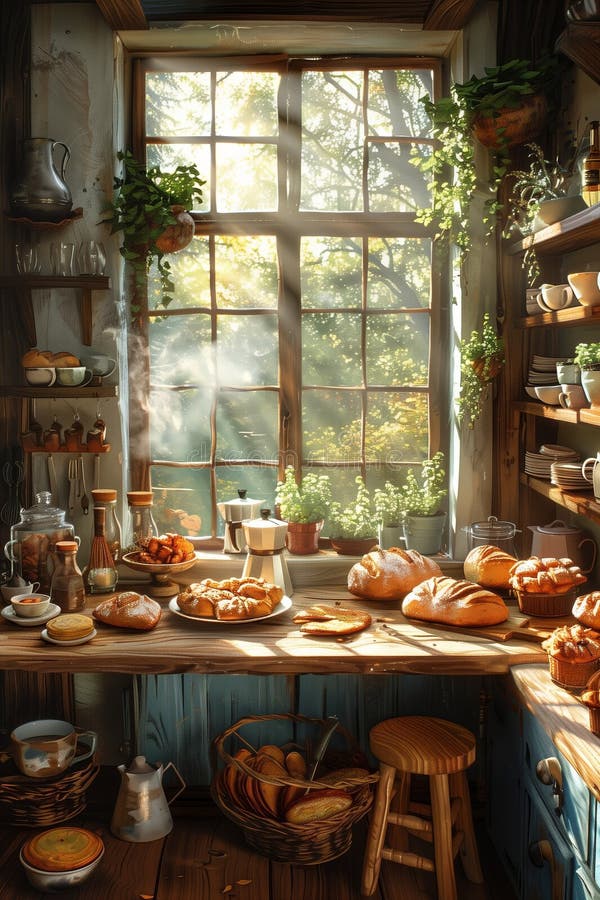 Rustic Kitchen Window with Freshly Baked Bread and Sunlight Stock Photo ...