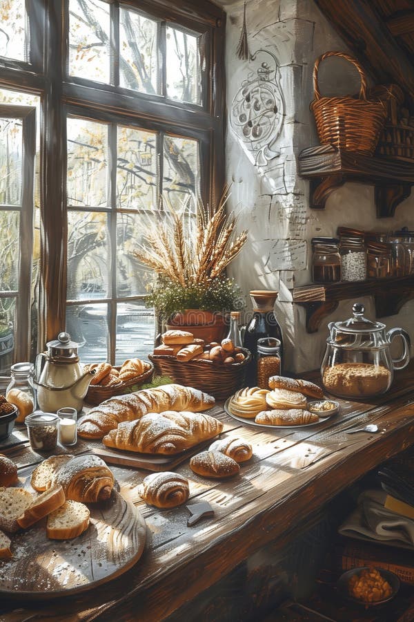 Rustic Kitchen Window with Freshly Baked Bread and Sunlight Stock Photo ...