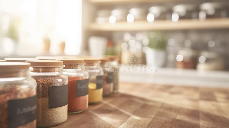 Charming Rustic Kitchen Scene Featuring Vintage Spice Jars on a Wooden ...