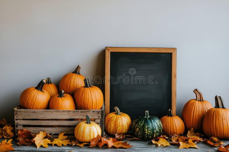 Rustic Autumn Scene with Pumpkins and Blank Chalkboard Surrounded by ...