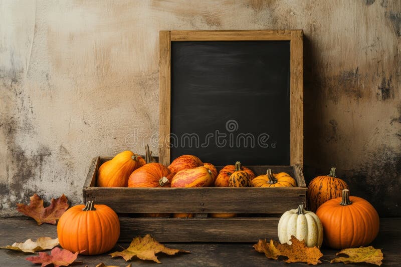 Rustic Autumn Scene with Pumpkins and Blank Chalkboard Surrounded by ...