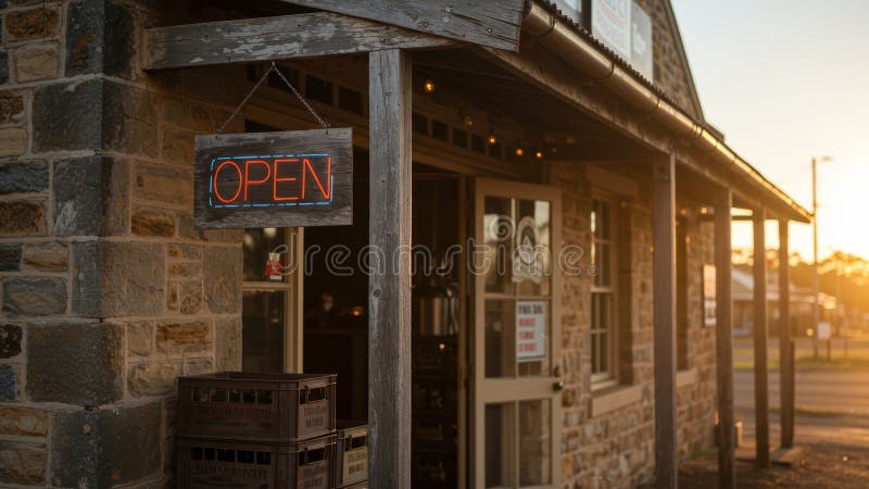 Rustic Store Open at Sunset Stock Illustration - Illustration of facade ...