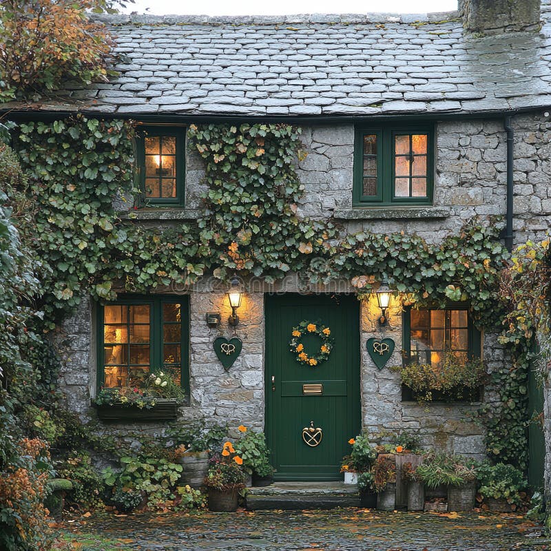 A Charming, Rustic Stone Cottage Adorned for St Patricks Day, Featuring ...