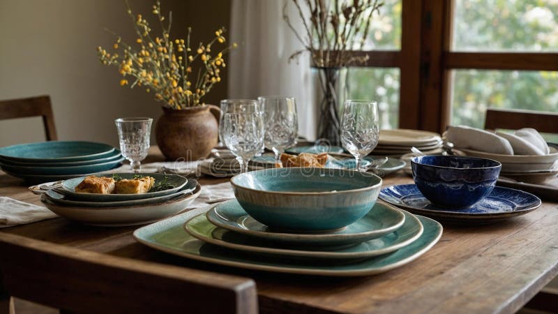 Rustic Table Setting with Teal and Blue Ceramic Dinnerware Stock ...