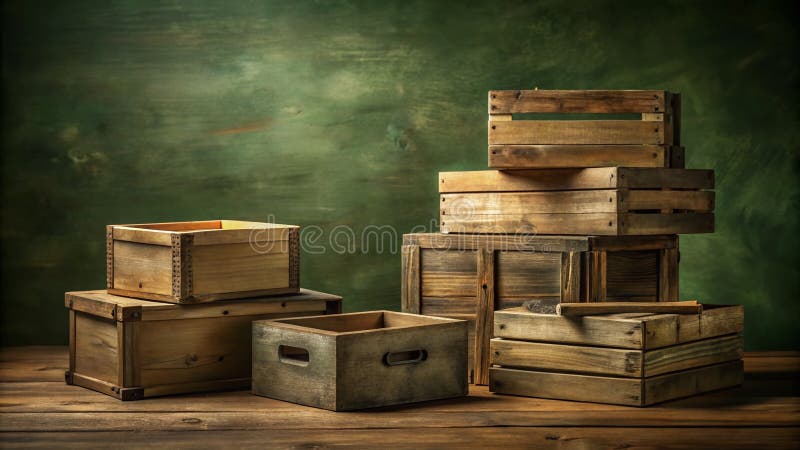 Charming Rustic Wooden Boxes on a Sophisticated Olive Green Background ...