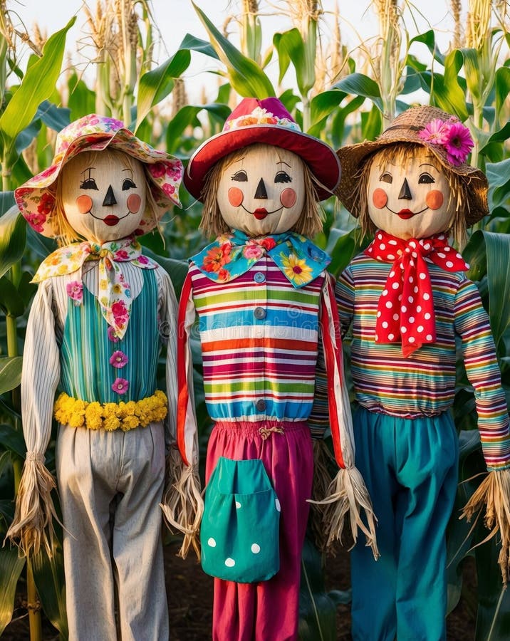 Charming Scarecrows in Colorful Attire Surrounded by Lush Cornfields ...