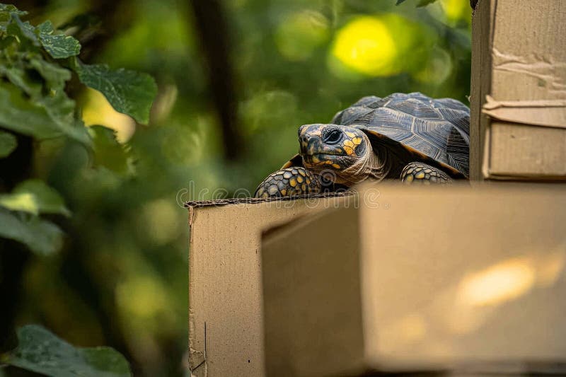 A Turtle Rests on a Stack of Cardboard Boxes in a Lush Green Setting ...